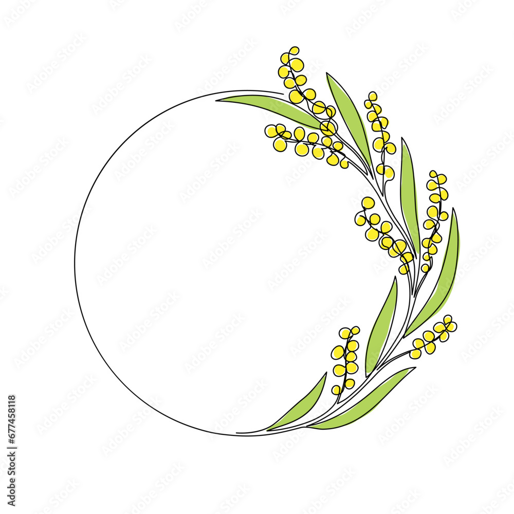 Continuous line drawing circle frame with blooming mimosa branch. One ...