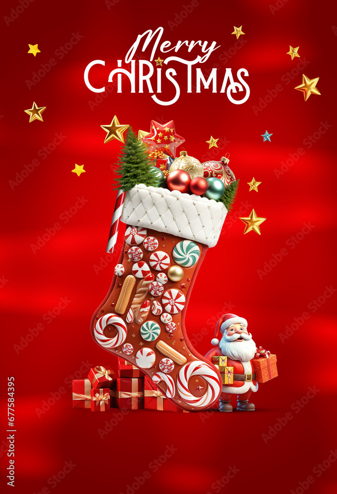 Christmas Poster vertical with Santa shoe full of candies, decorated ...
