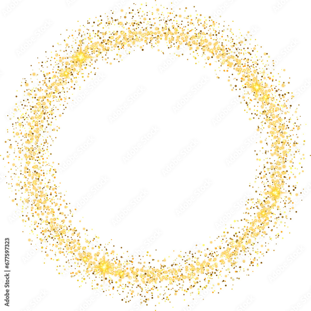 Gold circle frame with sparkling light, glitter particle and star light ...