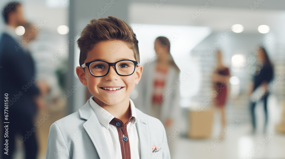 Smart smiling schoolboy wearing suit and glasses in a classroom ...