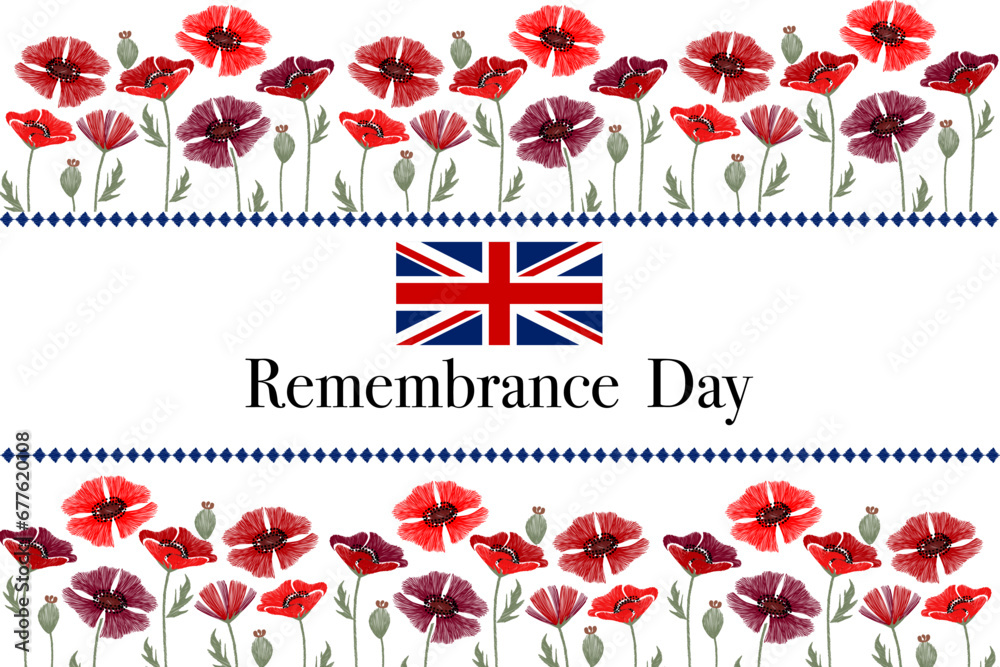Remembrance Day vector background banner. Red Poppy flower . Union Jack ...