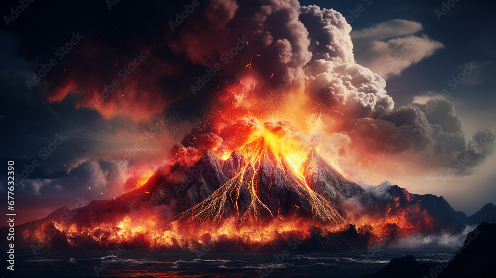 Volcano eruption apocalyptic disaster scene Stock Photo | Adobe Stock