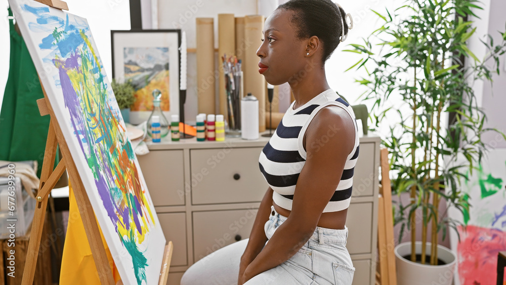 Attractive african american woman artist, sitting and concentrating ...