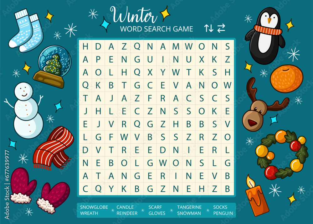 Winter word search puzzle game with cute cartoon drawings worksheet ...