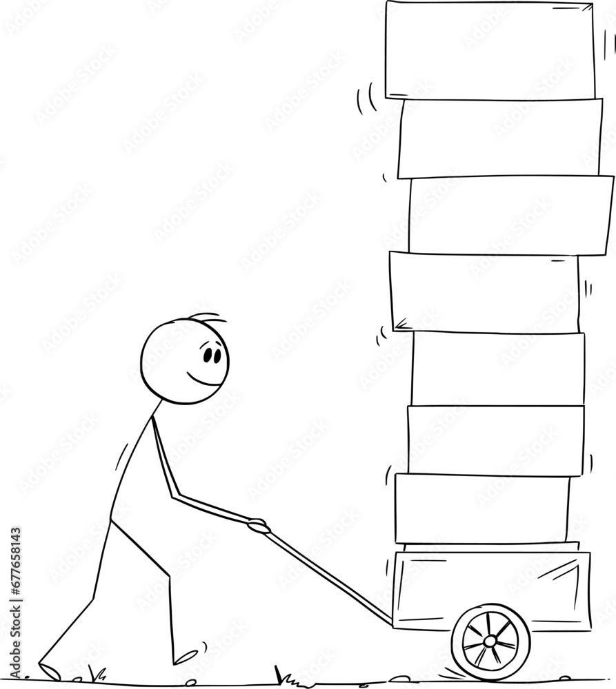Person Pushing Cart with Boxes, Vector Cartoon Stick Figure ...