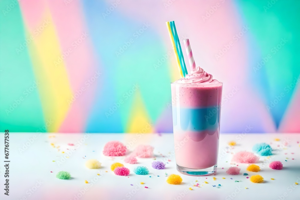 Pastel pink, blue milkshake, unicorn style of smoothy drink with ...