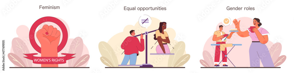 A confident woman showcases various scenes of empowerment, from gender ...