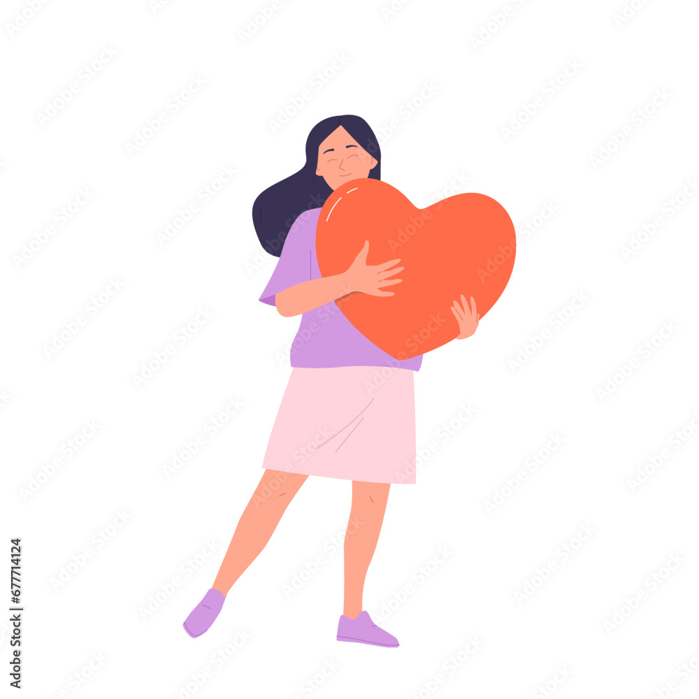 Happy young woman cartoon character holding huge heart falling in love ...