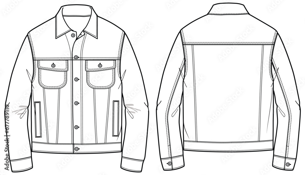 Classic trucker jacket design flat sketch Illustration front and back ...