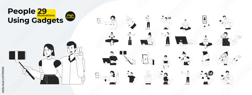 Diverse people using gadgets black and white cartoon flat illustration ...