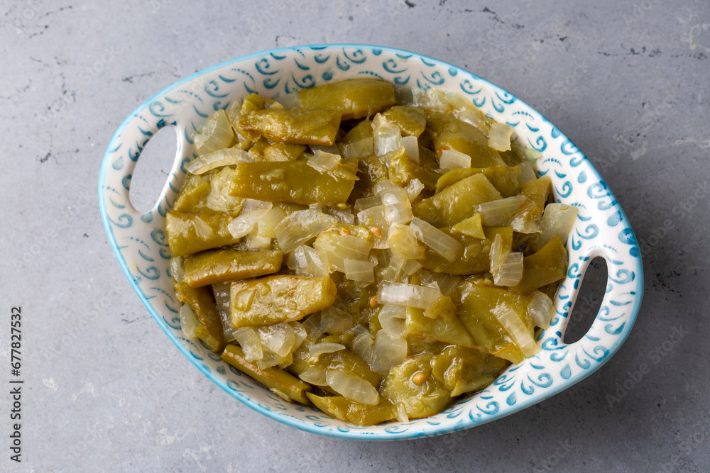 Traditional delicious Turkish food; bean pickle roast. Plate of pickle ...