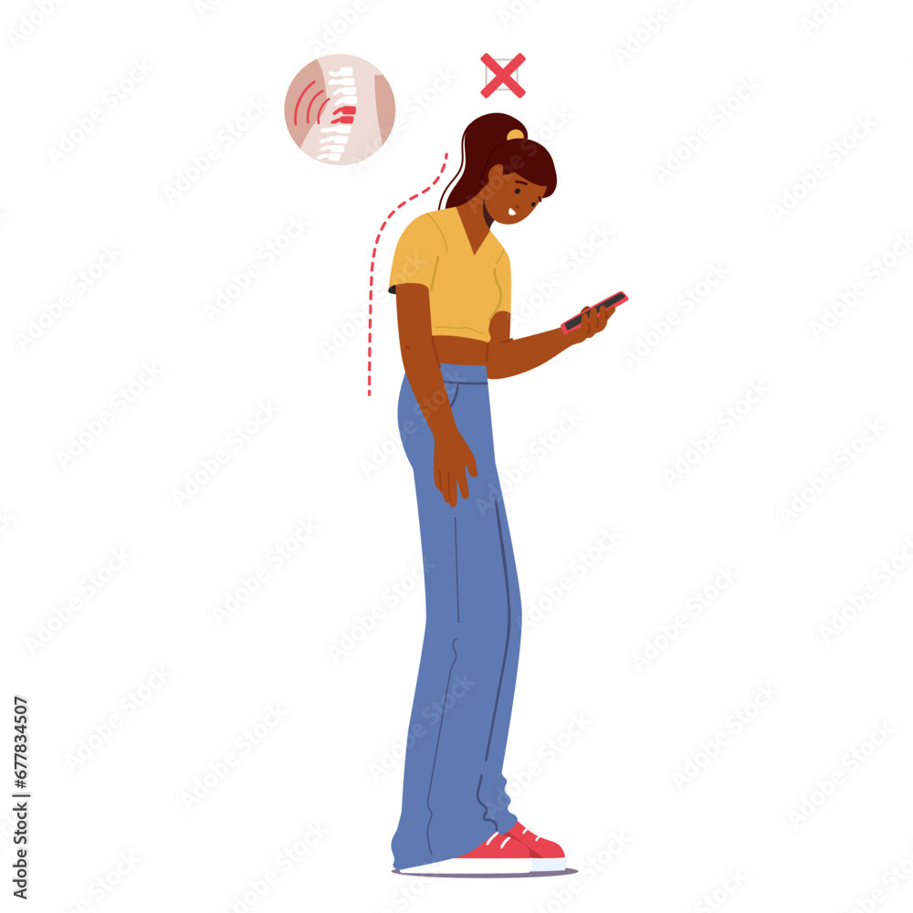 Black Female Character Hunched Over Their Phone With A Curved Neck ...