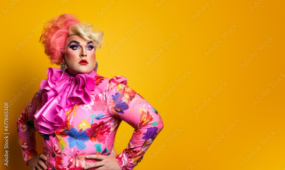 Plus sized drag queen person wearing heavy extravagant makeup. Proud ...