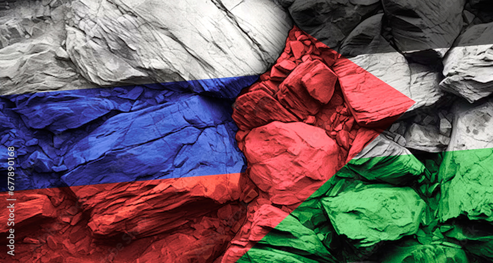 Flags of Russia and Palestine on a rock wall with cracks, stone texture ...