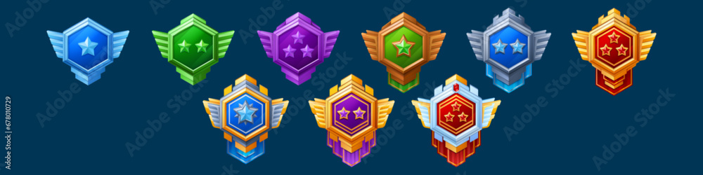 Medal and emblem with star, ribbon and wings for game interface level ...