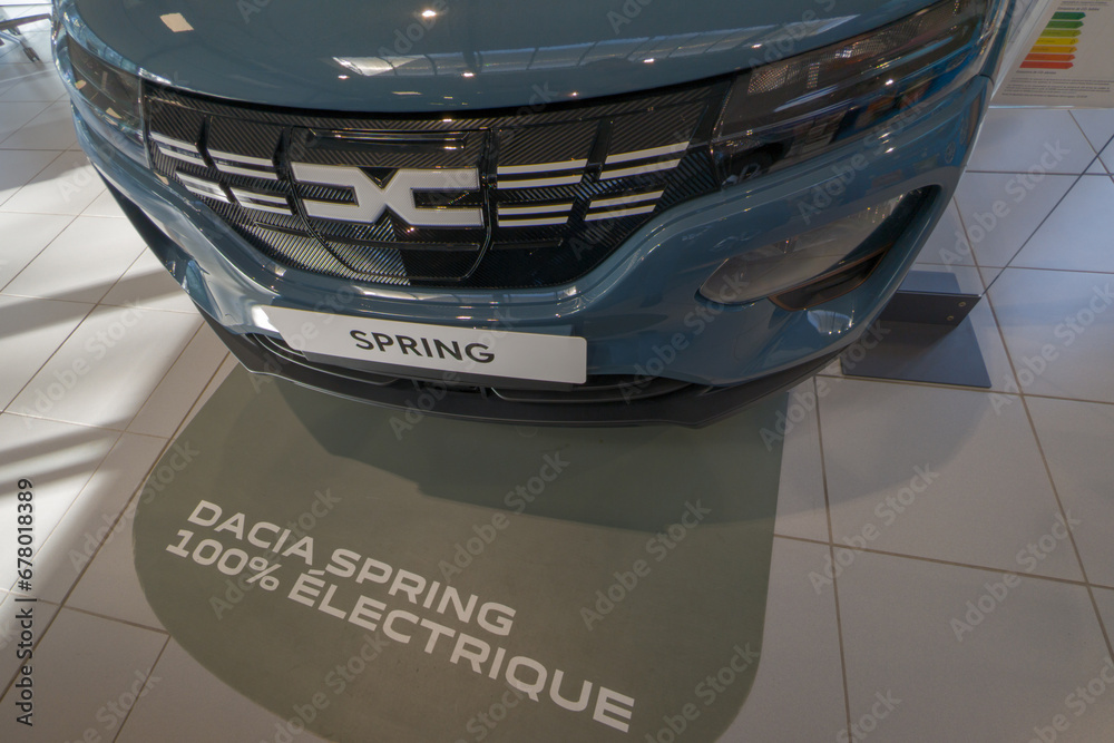 Dacia spring full electric vehicle logo brand and text sign on new ev ...