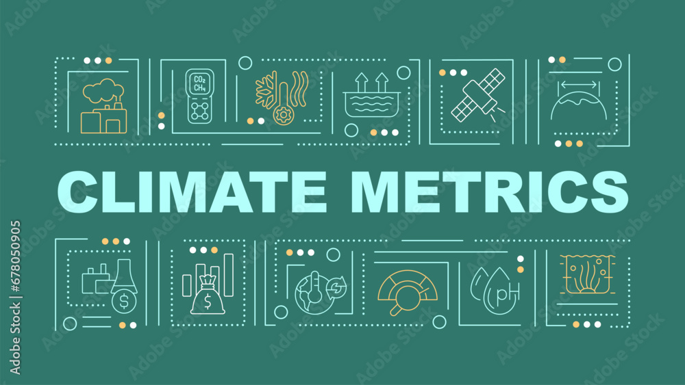 2D climate metrics text with various thin line icons concept on dark ...