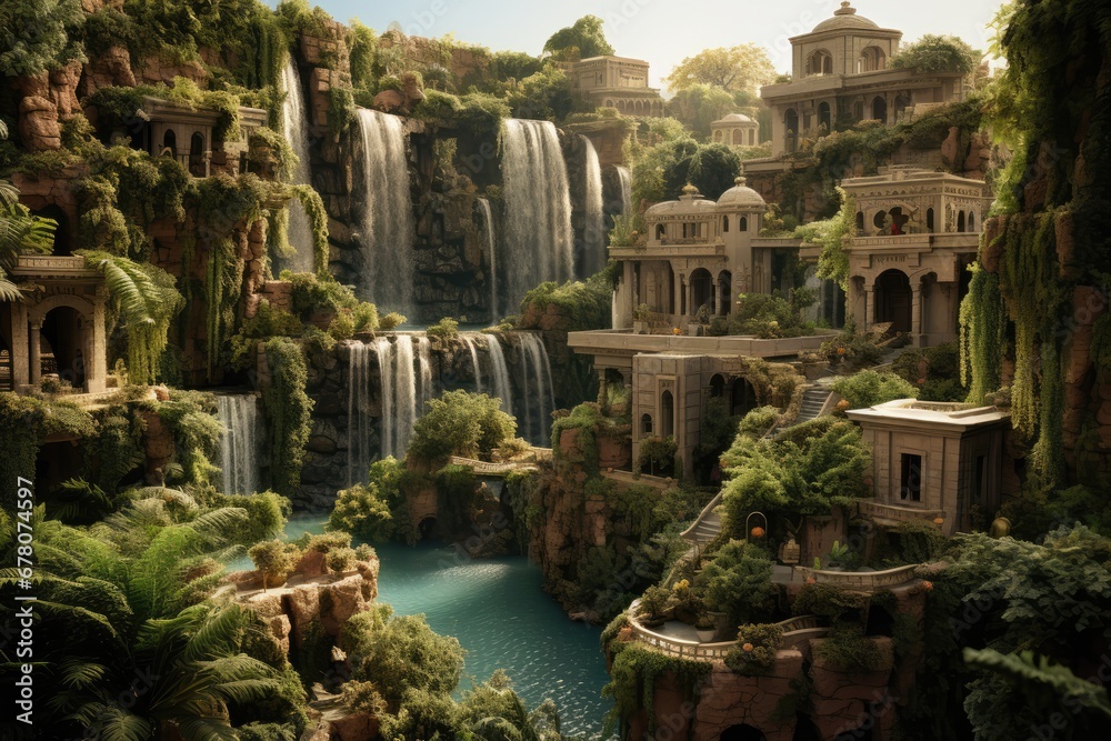 Ancient Hanging Gardens Of Babylon With Plants And Waterfalls Stock ...