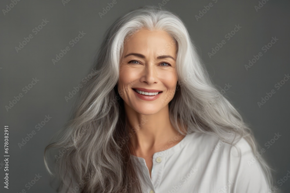Beautiful Aging mature woman with smooth healthy face skin and long ...
