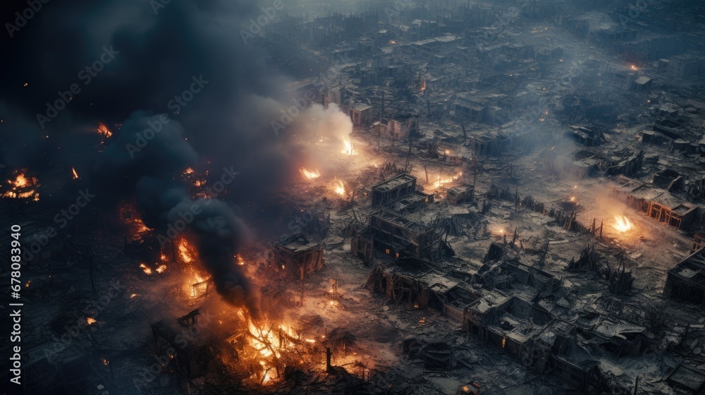 Aerial view of a city in the Middle East destroyed by an aerial bomb ...
