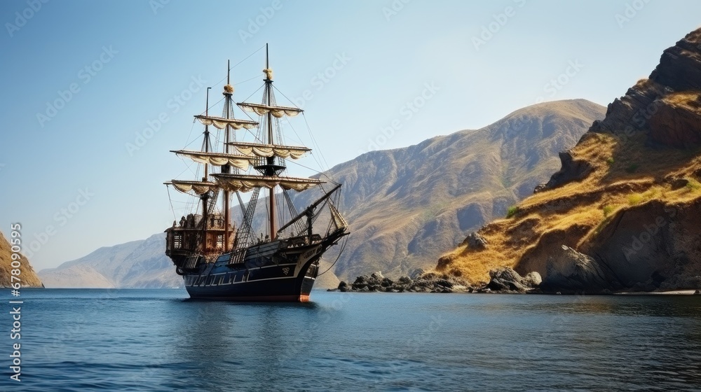 Pirate ship drifts on azure sea during calm arriving to coast. Pirate ...