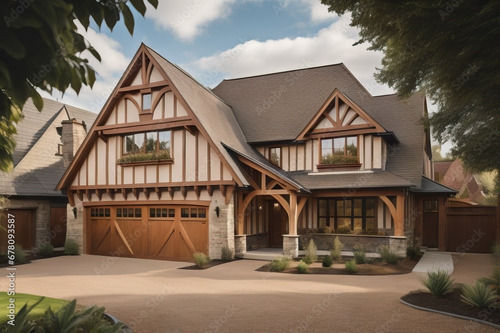 Tudor style family house exterior with gable roof and timber framing ...