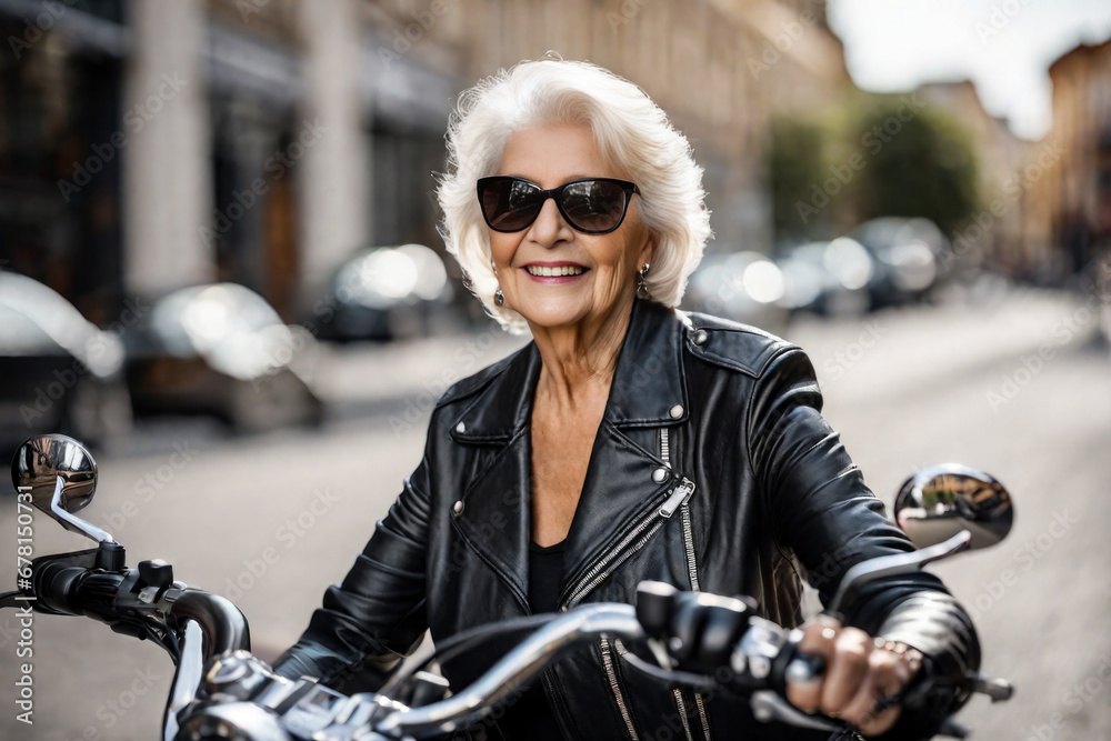 Happy beautiful elderly senior woman with grey hair rides a motorcycle ...