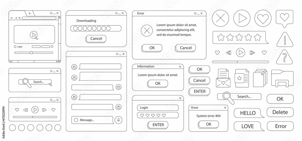 90s retro vaporwave old desktop user interface elements. Coloring book ...
