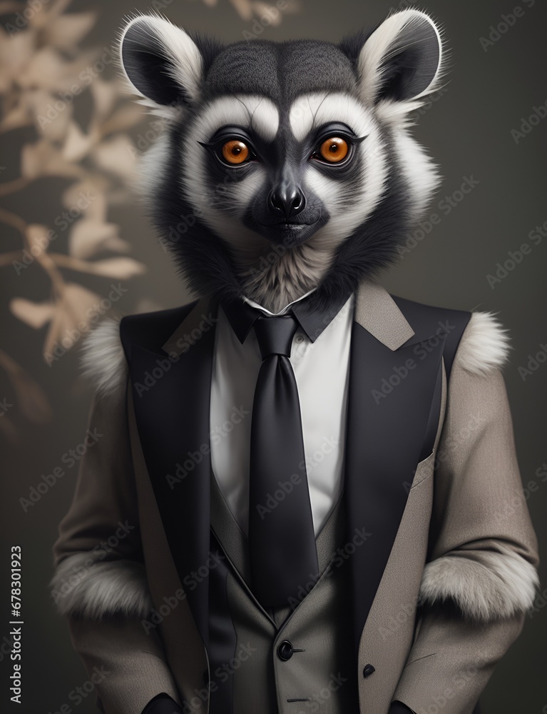 Lemur is dressed elegantly in a suit with a lovely tie. An ...