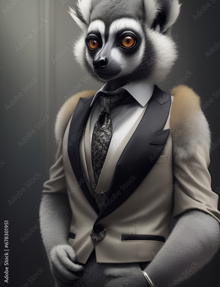 Lemur is dressed elegantly in a suit with a lovely tie. An ...