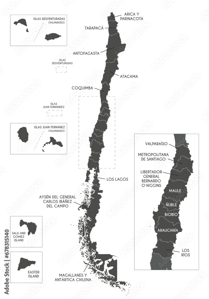 Vector map of Chile with regions and territories and administrative ...
