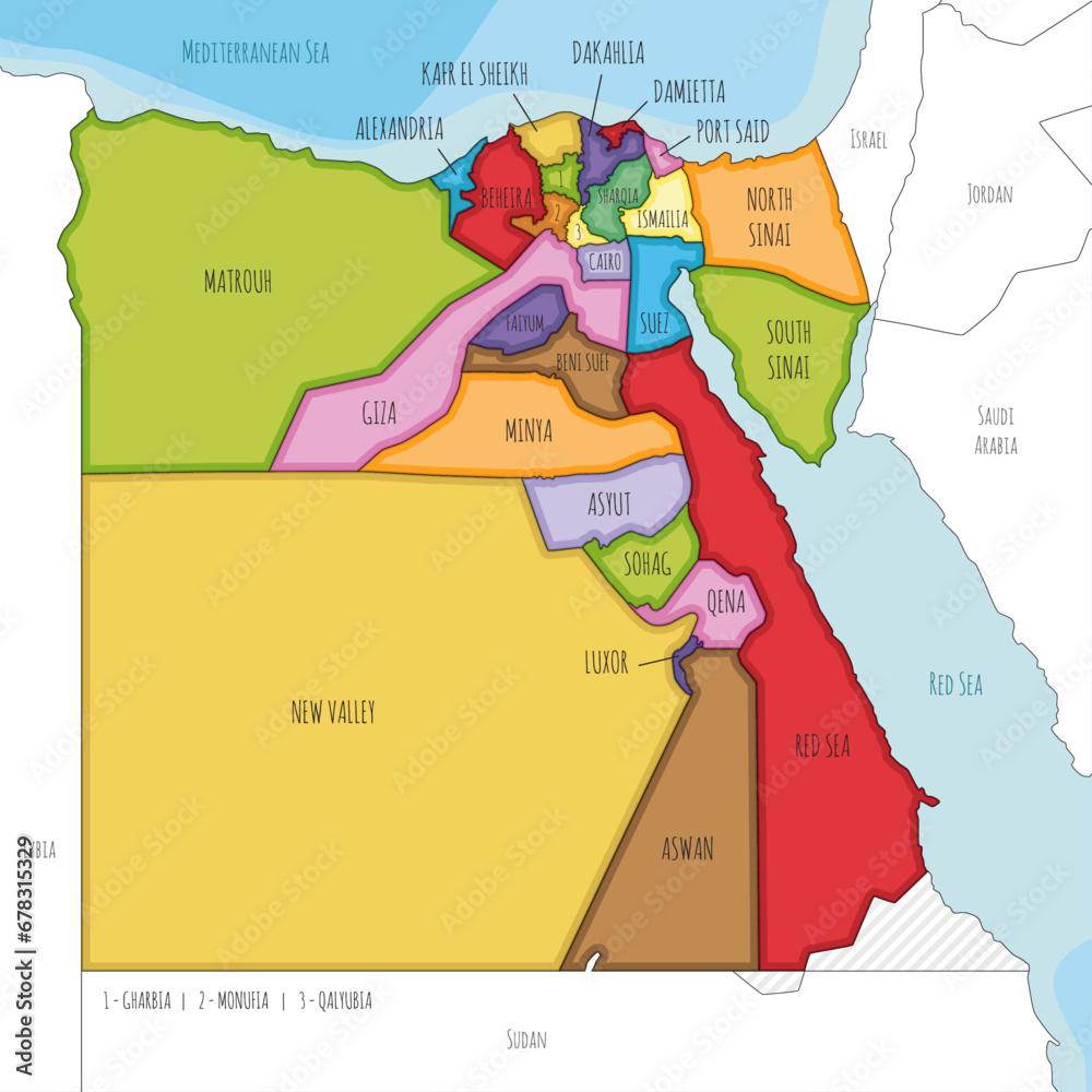 Vector illustrated map of Egypt with governorates or provinces and ...