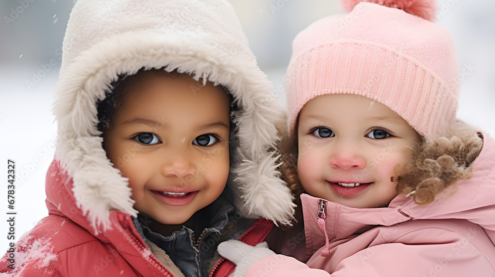 Children with rosy cheeks and noses from playing in the snow, christmas ...