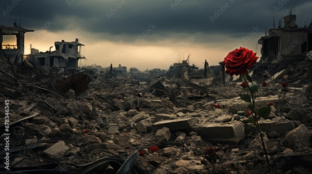 War-torn landscape with remnants of destructiona desolate battlefield ...