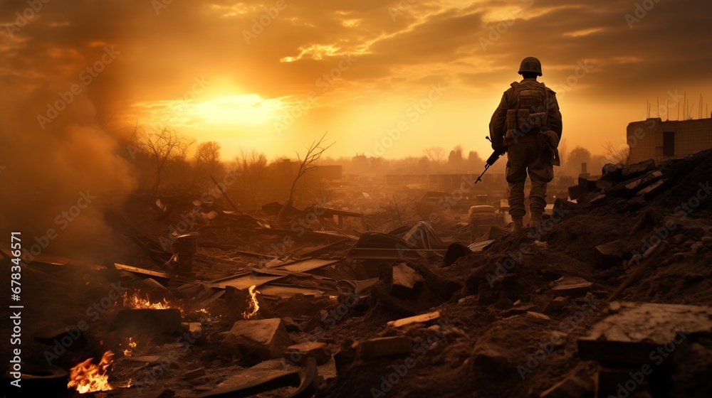 The scene depicts a war-torn landscape with billowing smoke, rubble ...