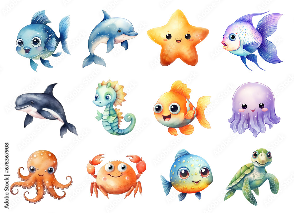 Watercolor Cute Sea Animals Set. Set of Water Animals Clipart. Sea ...