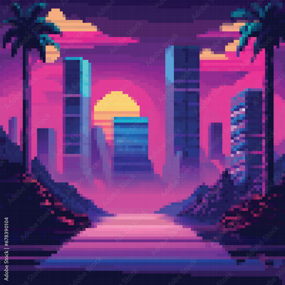 Vector pixel art of 80s Retro sci-Fi background. Synthwave, Vaporwave ...