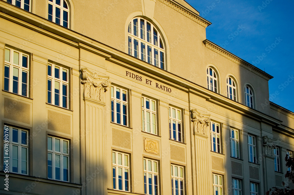 Fides et ratio latin sentence on the school building facade. Stock ...