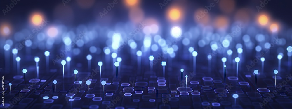 Abstract tech background with illuminated fiber optic connections, quantum computing network ...