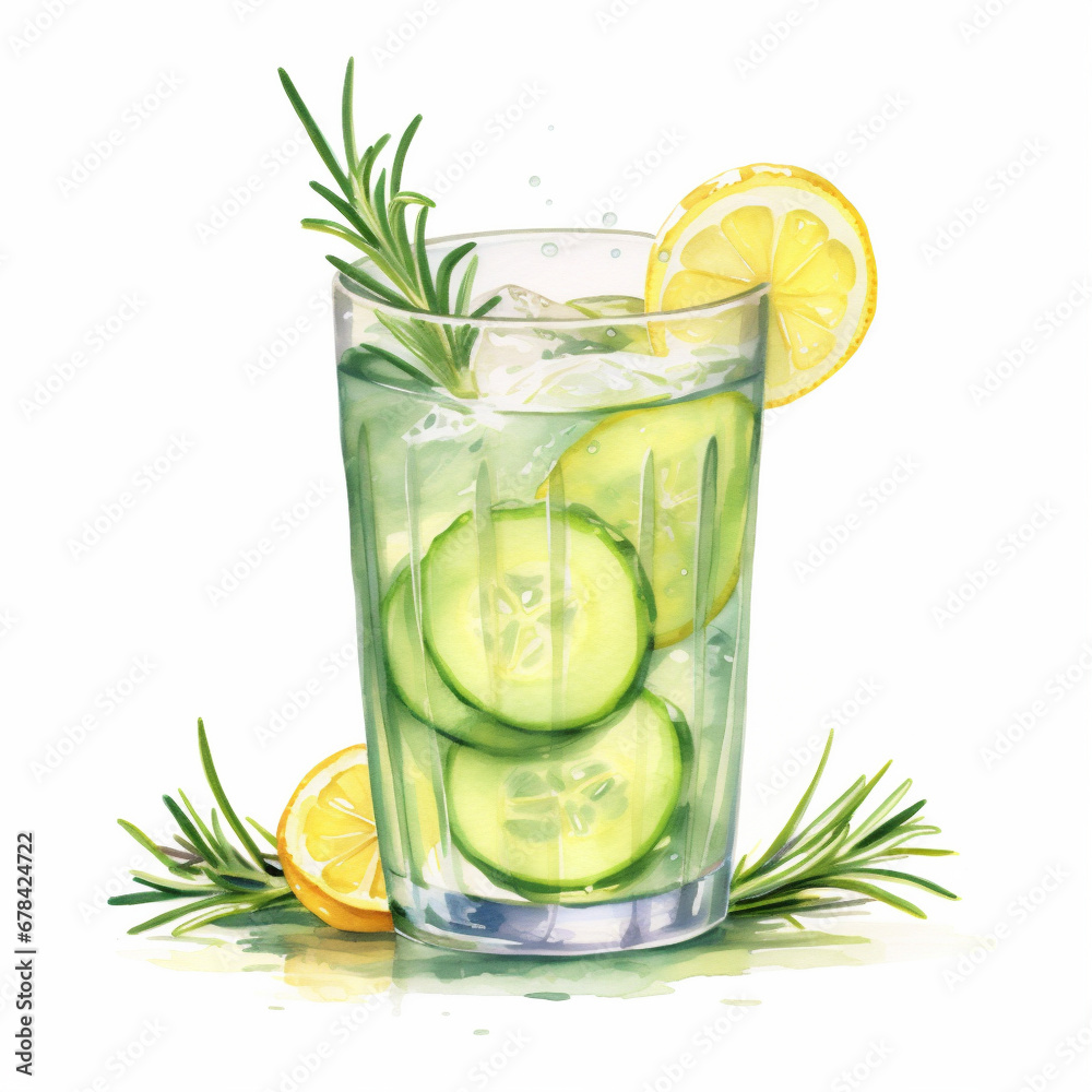 Watercolor hand painted fresh cucumber lemonade drink glass simple sketch illustration isolated ...
