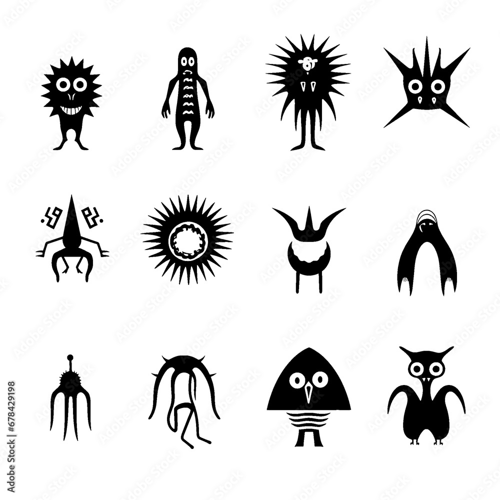 set of black and white abstract doodle creatures monsters icons tattoo ...