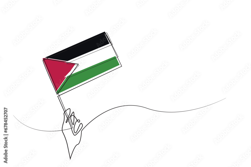 continuous line of hands raising the palestine flag.single line of ...