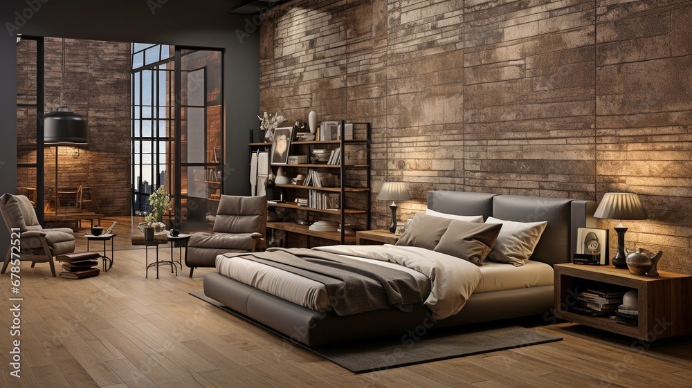 elegant studio apartment in a loft style with a dark color scheme and a ...