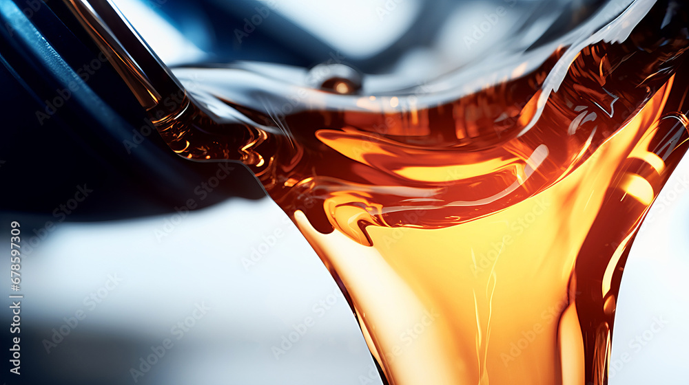 Pouring oil lubricant motor car from black bottle on engine background ...