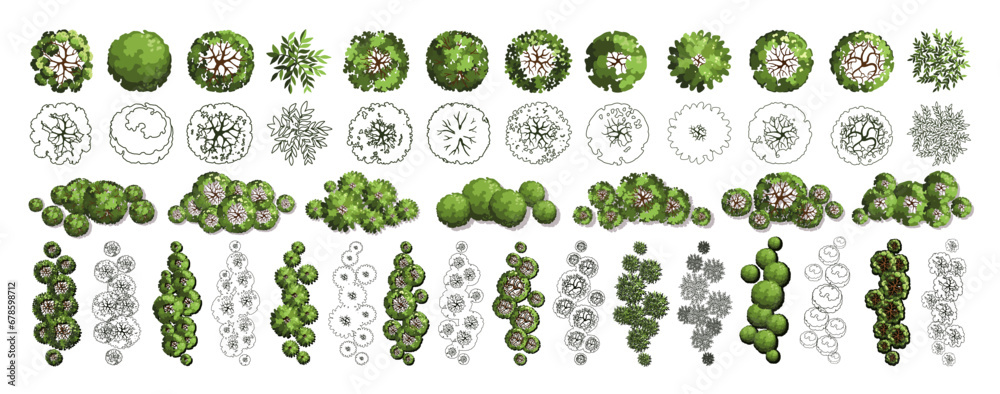 Tree for architectural floor plans. Entourage design. Various trees, bushes, and shrubs, top ...