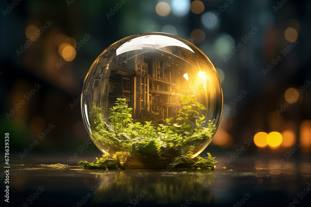 There are green plants inside the glass ball, urbanization and ...