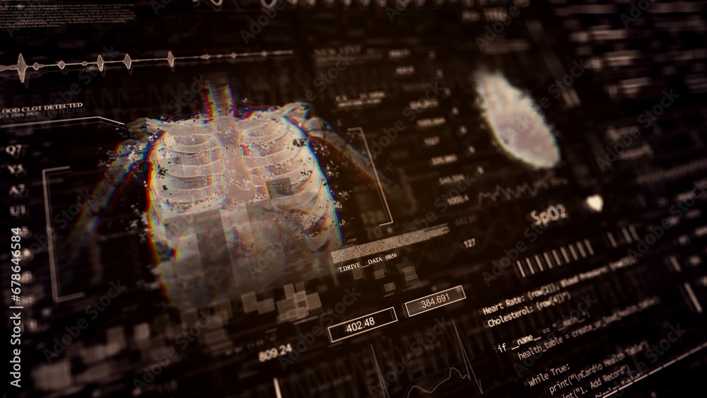 Medical monitor.HUD.DNA.Heads up display.Heart rate monitor. Analyzing ...