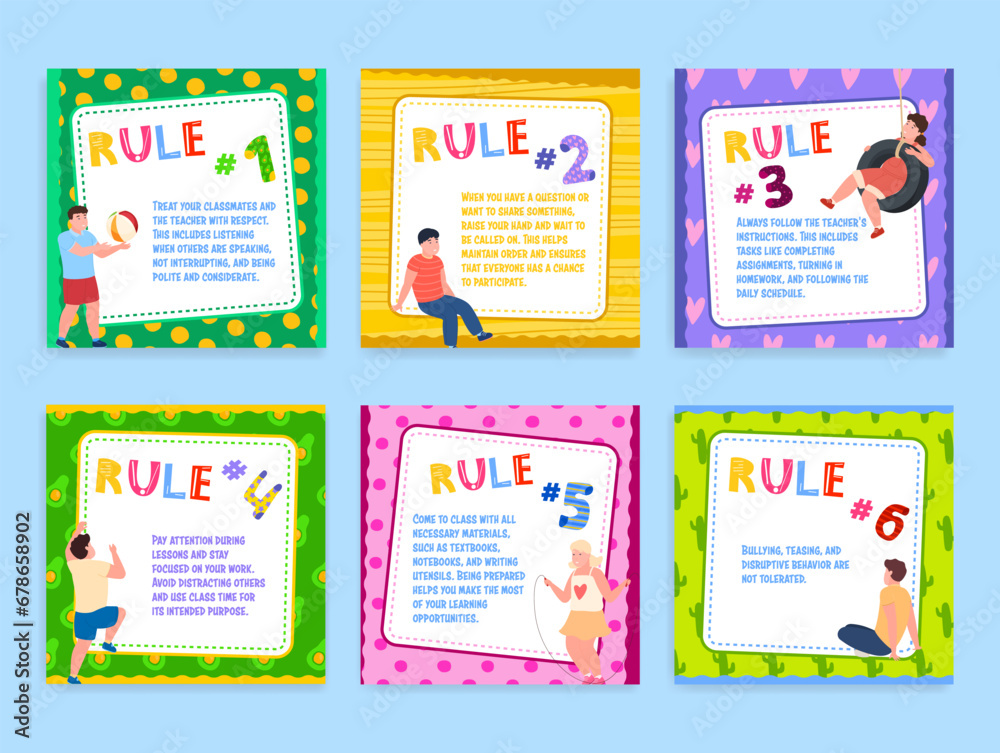 Classroom rules poster design template with playing kids and place for ...