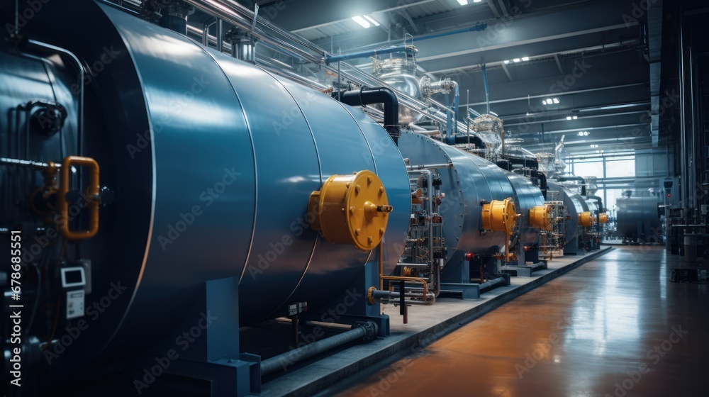 Inside the modern industrial boiler room, large metal tanks and pipes ...