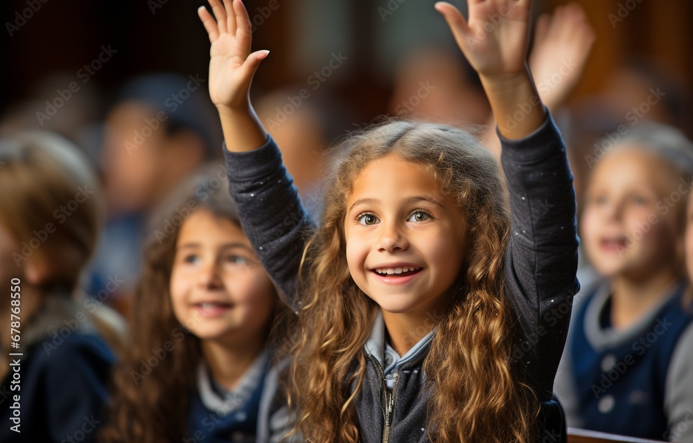 As they raise their arms to respond to a teacher's question, engaged ...